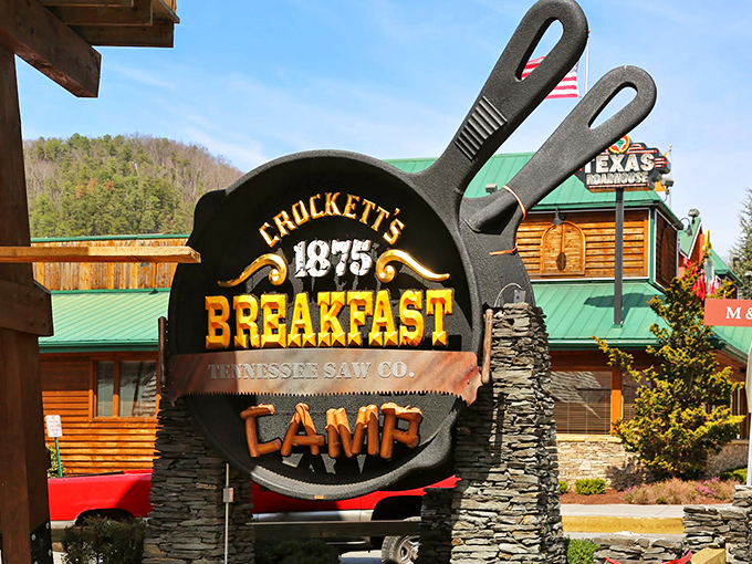 The giant cast iron skillet sign isn't just clever marketing&mdash;it's a warning of the epic breakfast proportions that await inside this Gatlinburg treasure.