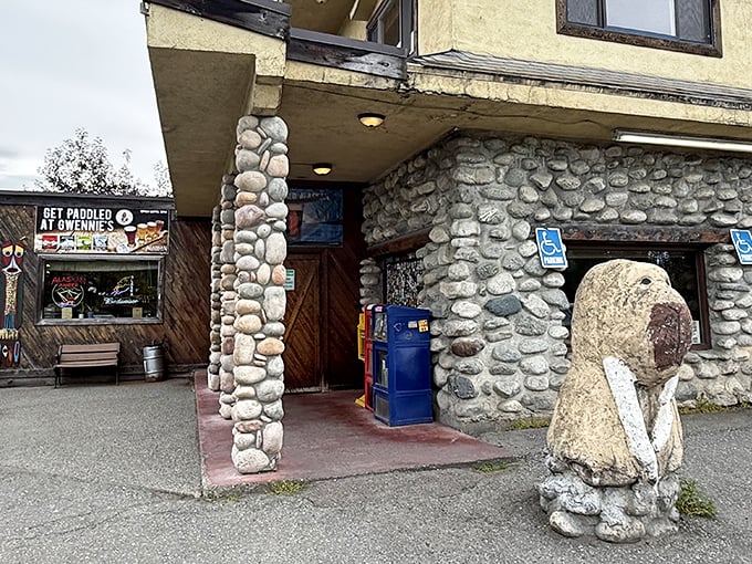 Get Paddled at Gwennie's promises the sign at this stone-clad entrance, where even the building materials tell you you're in for something authentically Alaskan and memorably hearty.