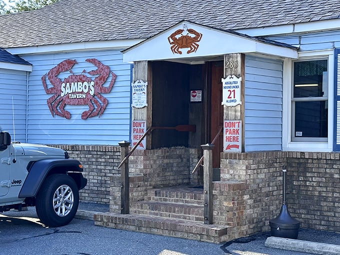 The iconic orange crab perched above Sambo's entrance isn't just decoration&mdash;it's a beacon of deliciousness calling you home to Leipsic's seafood paradise.