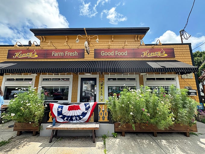 The sunshine-yellow exterior of Honey's promises "Farm Fresh" and "Good Food" &ndash; two promises it keeps with delicious authority.