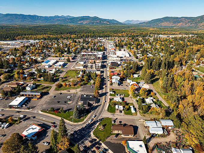 A bird's eye view reveals Columbia Falls' perfect positioning &ndash; nestled between mountains like nature's own amphitheater.