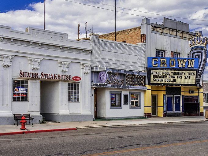 Main Street magic! The Silver Steakhouse and historic Crown Theater stand as charming sentinels of Price's past, where small-town America still thrives.