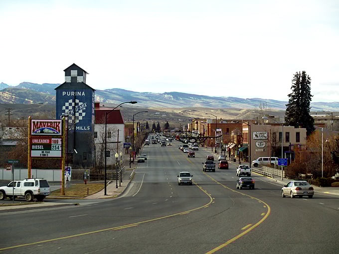 Lander's iconic Purina Mills tower stands sentinel over Main Street, offering a picture-perfect welcome to this charming Wyoming town nestled against mountain backdrops.