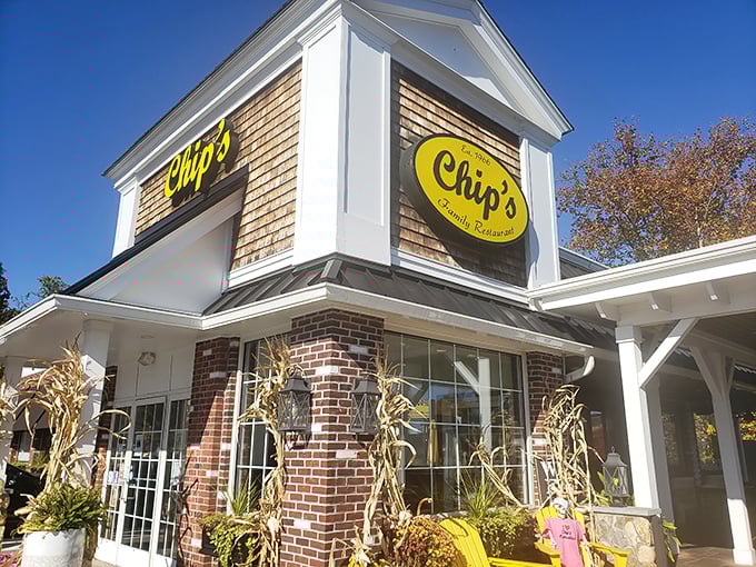 The iconic yellow sign of Chip's beckons like a breakfast lighthouse against Connecticut skies. Those Adirondack chairs aren't just for show—they're for the pancake recovery period.