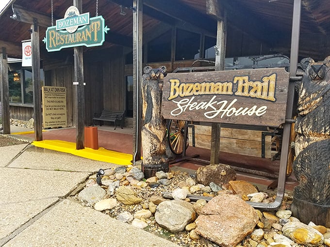 The sign says it all&mdash;steakhouse simplicity with a side of mountain air. No fancy frills, just the promise of good eating ahead.