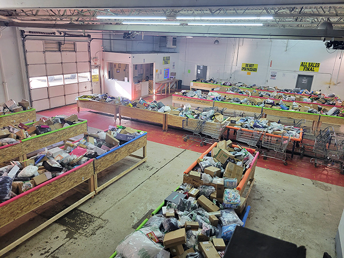 The unassuming entrance to Hylton's Crazy Bargains promises treasures beyond the roll-up door. Bargain hunting's version of "Open Sesame!"