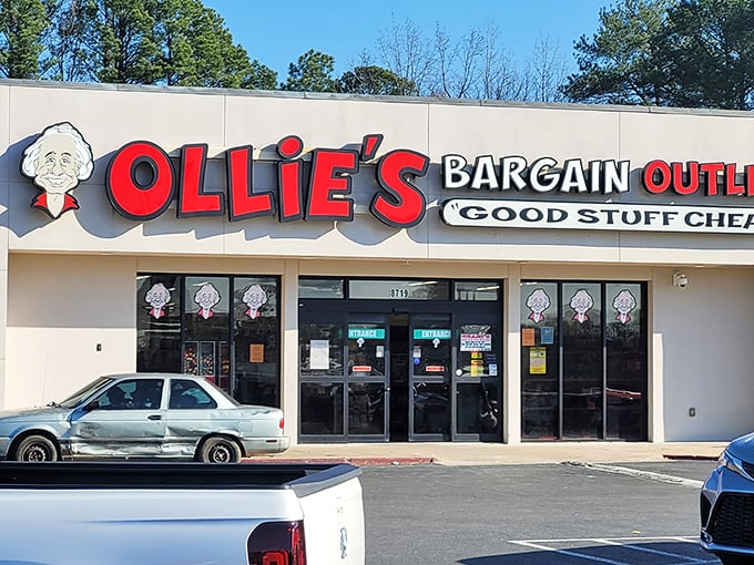 The iconic red and white Ollie's sign beckons bargain hunters like a retail lighthouse, promising treasures within that would make even the most frugal grandmother giddy with excitement.