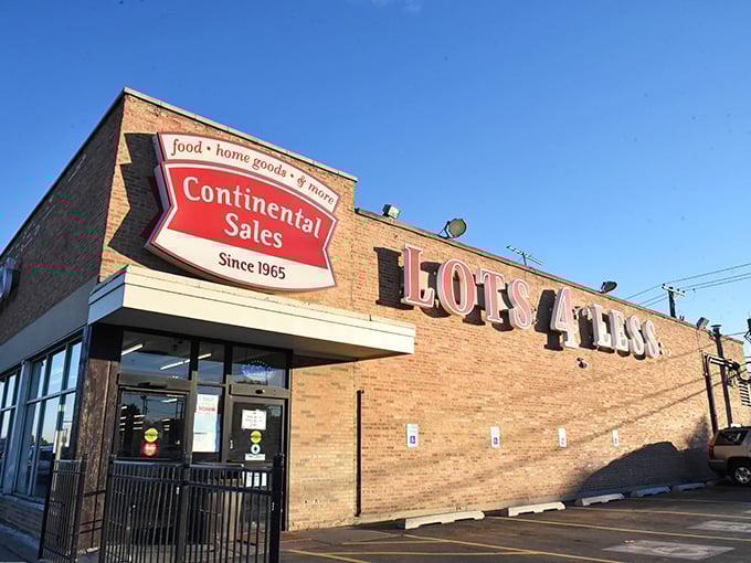 The iconic red lettering of "LOTS 4 LESS" stands out against the brick facade like a beacon for bargain hunters across Chicago.
