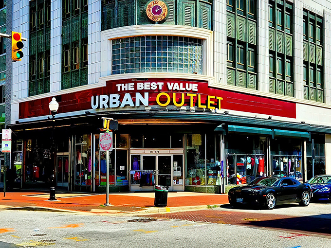 The iconic Art Deco fa&ccedil;ade of Urban Outlet stands proudly on Park Avenue, a beacon of bargain hunting in downtown Baltimore that promises treasures within.