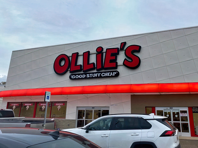 The iconic red Ollie's sign beckons bargain hunters like a lighthouse guiding ships to shore. "Good Stuff Cheap" isn't just a slogan&mdash;it's a solemn promise.