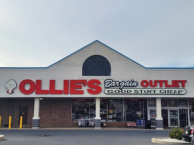 The iconic red Ollie's sign beckons bargain hunters like a retail lighthouse, promising treasures within those brick walls that won't break the bank.