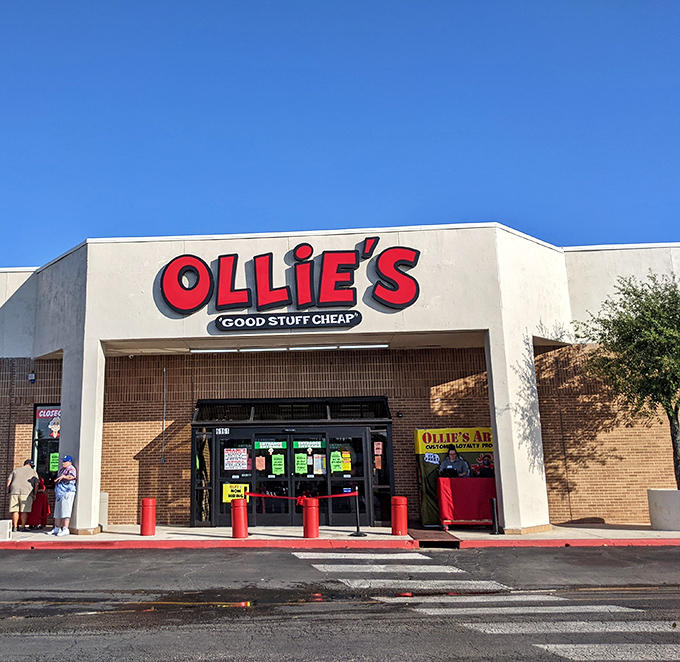 The iconic red Ollie's sign promises "Good Stuff Cheap" &ndash; a retail siren song that's impossible to resist on a perfect Texas blue-sky day.