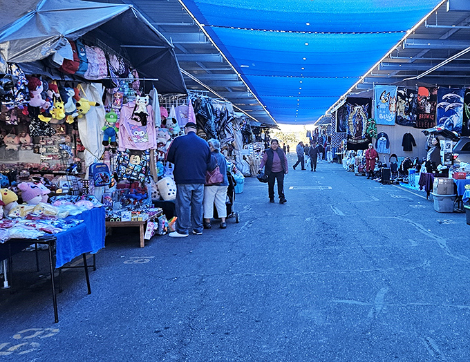 Blue tarps stretch overhead like urban sails, creating shaded corridors where treasure hunters navigate between stalls packed with everything imaginable.