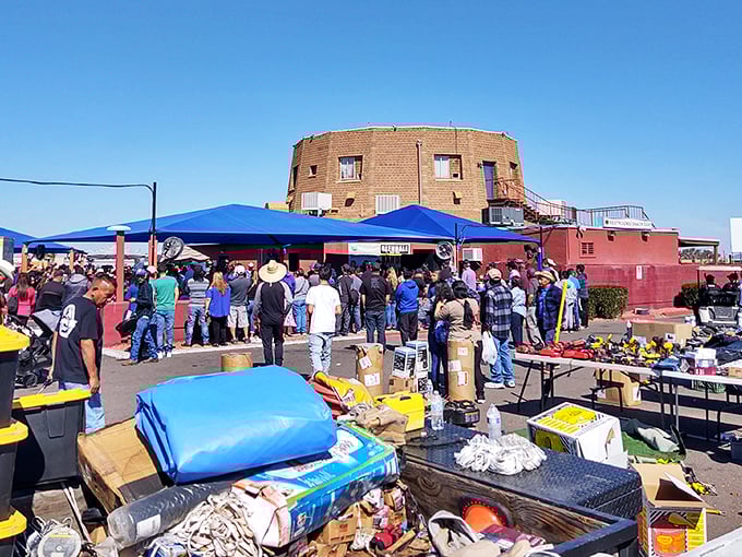 The treasure hunter's paradise stretches before you like an asphalt ocean, blue tents bobbing like sails on a sea of possibilities.