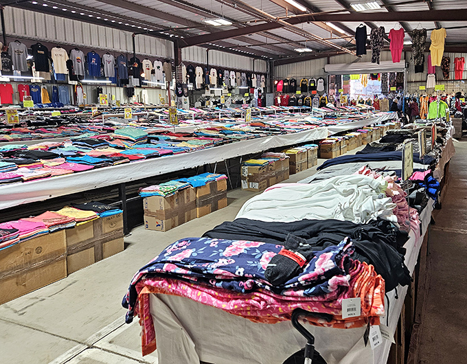 A textile treasure trove that would make Marie Kondo simultaneously thrilled and terrified. Every color of the rainbow awaits bargain hunters in this sea of fabrics and fashion finds.