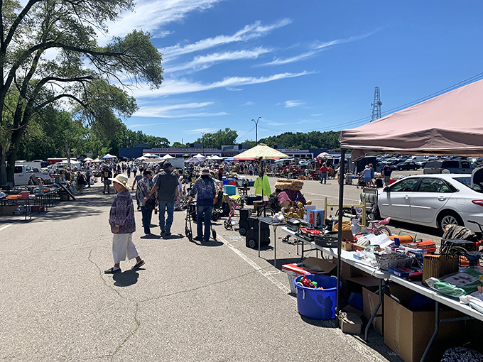 The outdoor section springs to life on sunny Michigan days, transforming the parking lot into a treasure hunter's paradise of unexpected discoveries.