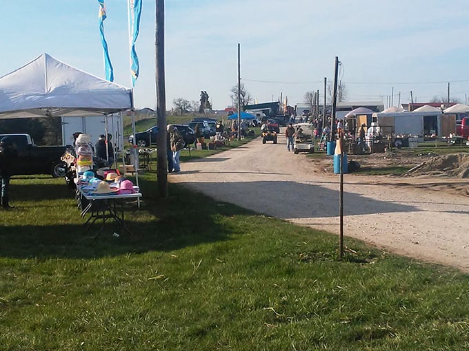 White tents stretch along dirt paths like a treasure hunter's yellow brick road. The weekend pilgrimage begins where bargains and stories await.