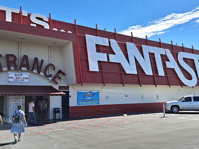 The Fantastic Indoor Swap Meet's entrance beckons bargain hunters with its bold signage&mdash;like Vegas itself, subtlety isn't in its vocabulary, and that's precisely its charm.