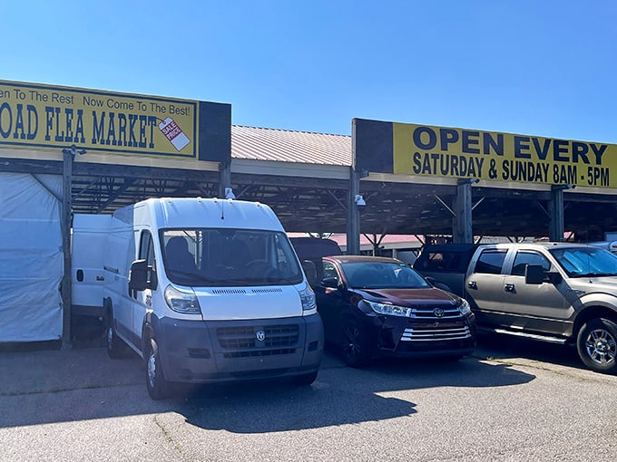 The unmistakable yellow signage of Webb Road Flea Market beckons bargain hunters like a lighthouse for the thrifty. Weekend treasure hunting starts here!