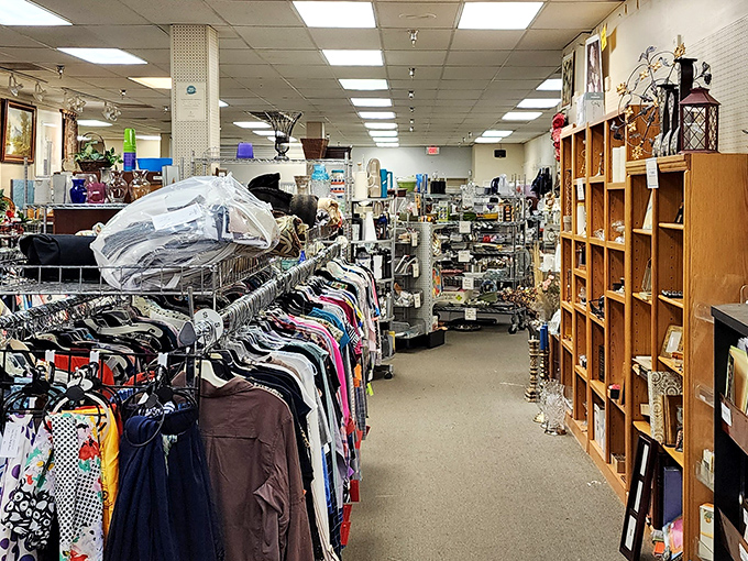 Racks upon racks of carefully organized clothing create a treasure hunter's paradise where fashion finds hide in plain sight.