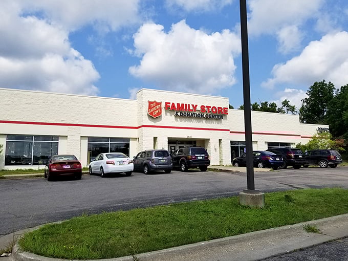 The white facade gleams in the sunlight, a retail oasis where bargain hunters find treasures hiding in plain sight.