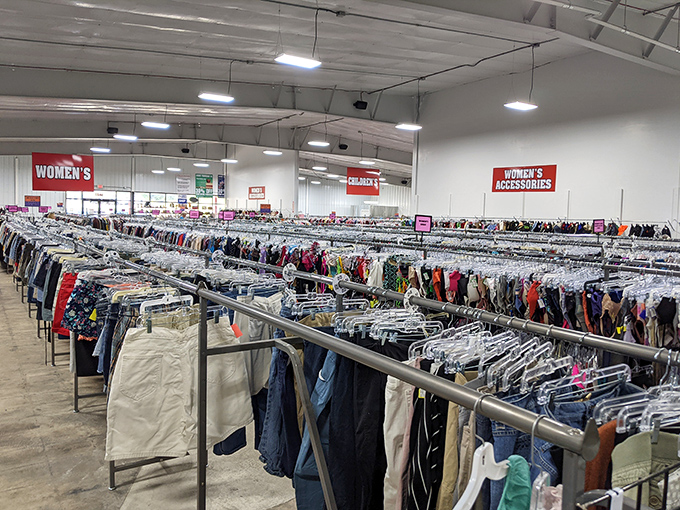 Ocean-like waves of clothing racks stretch to the horizon, promising fashion discoveries that would make even the most seasoned bargain hunter's heart race.
