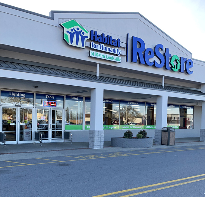 A closer look at the ReStore's storefront reveals sections for lighting, tools, paint, and furniture&mdash;a DIYer's paradise.