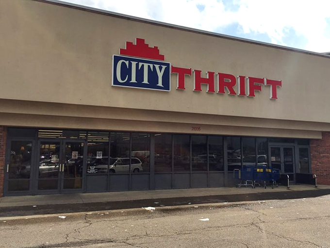 The iconic City Thrift sign beckons bargain hunters like a retail lighthouse, promising treasures within those unassuming walls. Who needs a membership card when adventure awaits?
