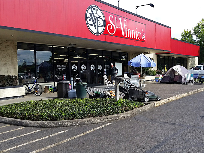 Even on overcast days, St. Vinnie's bright red awning promises sunshine in the form of unexpected finds and budget-friendly gems.