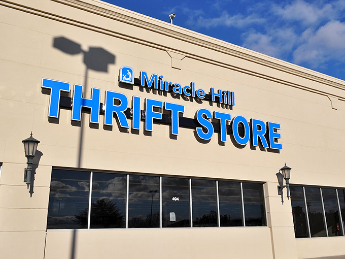 The grand entrance to Miracle Hill beckons like a retail Narnia—promising adventures where your wallet stays full and your shopping cart overflows with treasures.