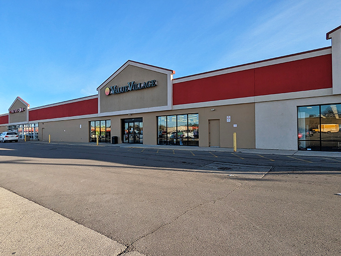 The unassuming exterior of Value Village in Racine hides a universe of treasures waiting to be discovered inside those red-trimmed walls.
