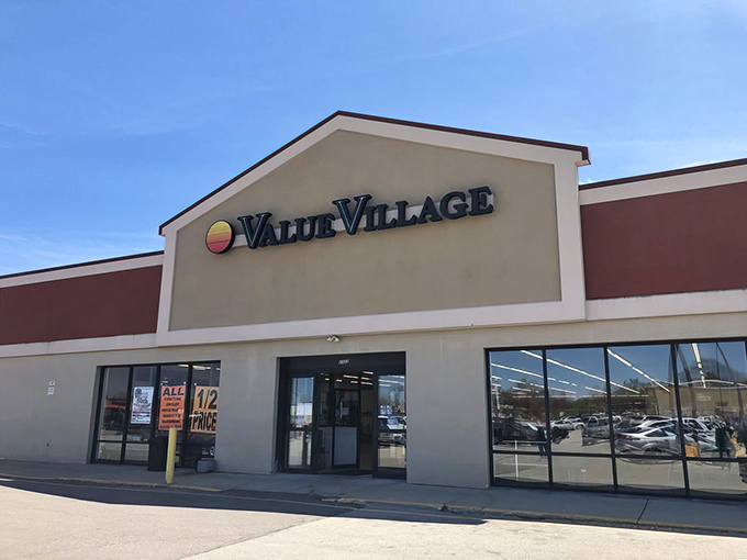 The unassuming exterior of Value Village in Racine hides a universe of treasures waiting to be discovered inside those red-trimmed walls.