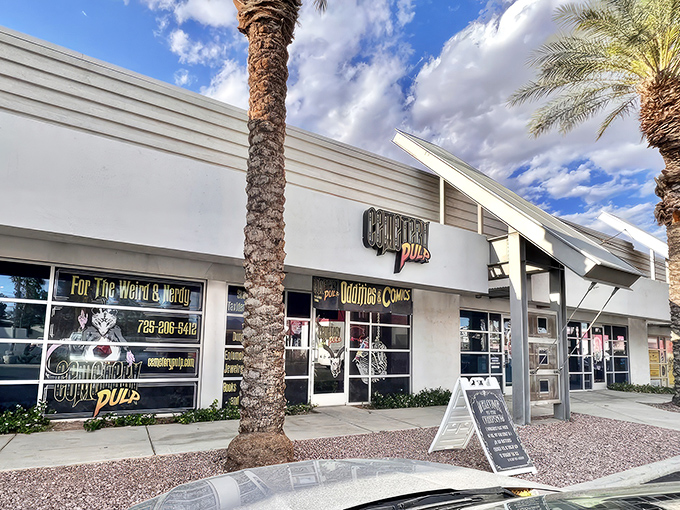 Cemetery Pulp's unassuming exterior belies the wonderland of oddities within, nestled among palm trees in suburban Las Vegas.