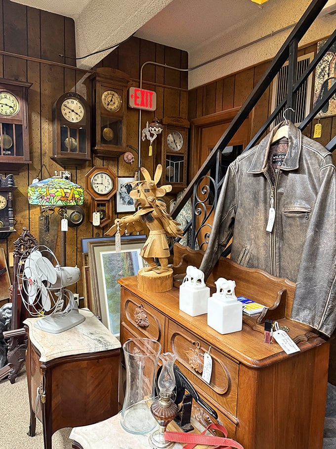 A treasure hunter's paradise where vintage clocks keep time with your heartbeat as you discover wooden figurines and leather jackets with stories to tell.