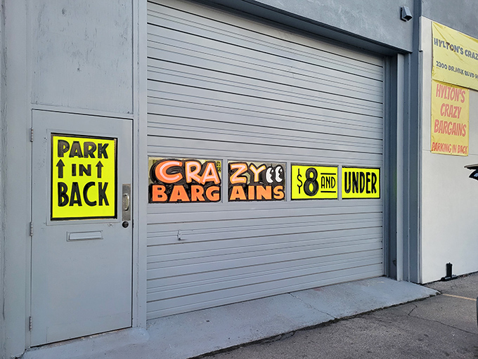 Bold signage that doesn't mince words: "PARK IN BACK" and "$8 AND UNDER." No fancy marketing needed when the deals speak for themselves.