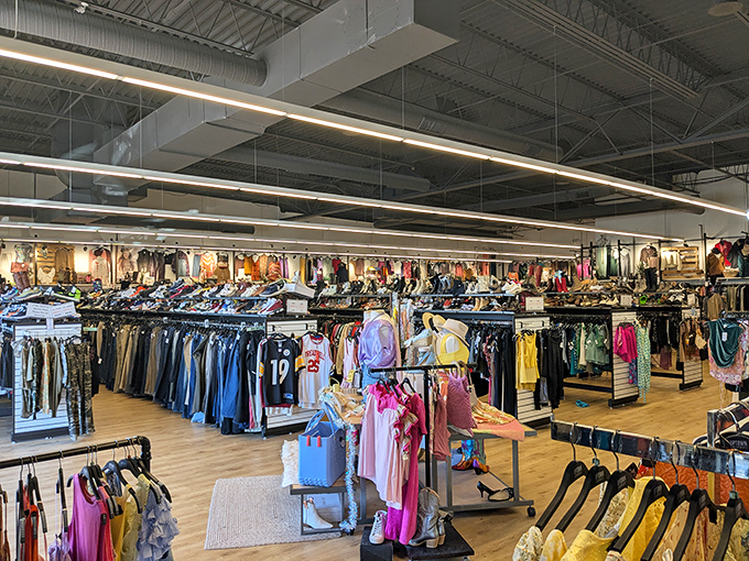 The clean white facade of Uptown Cheapskate beckons like a fashion oasis in the Virginia Beach shopping landscape, promising treasure hunts within.