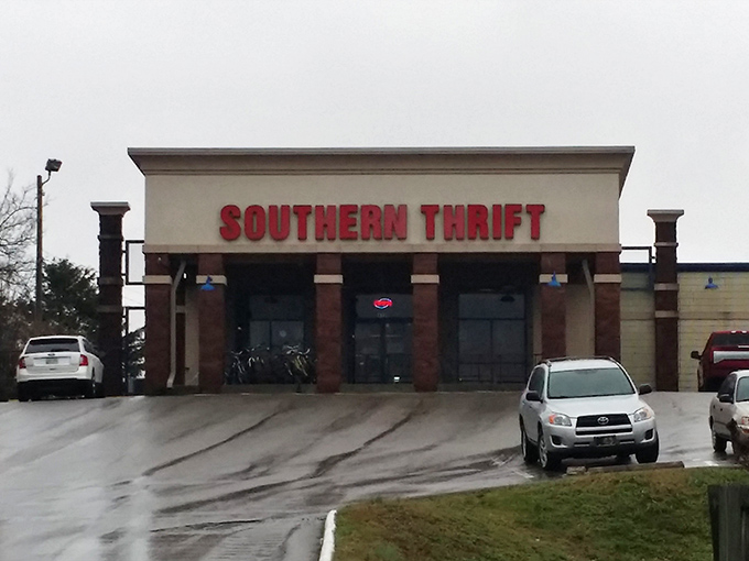 The bold red letters of Southern Thrift Store beckon like a siren song to bargain hunters. Nashville's temple of secondhand treasures awaits behind those doors.