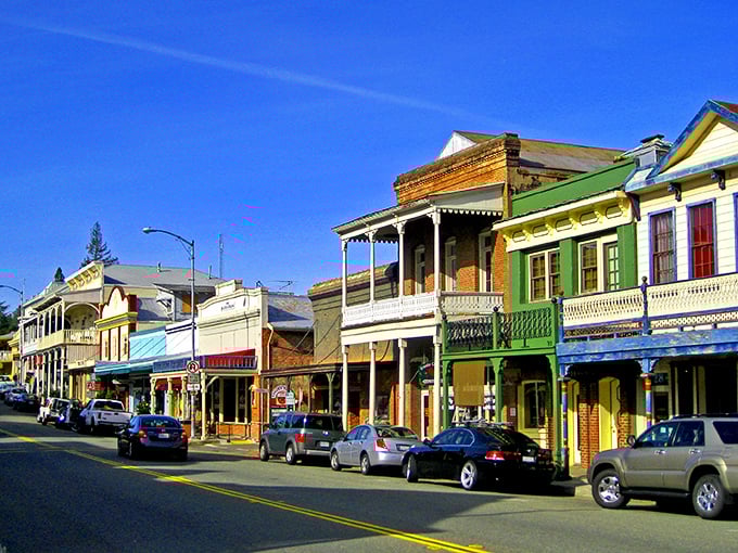 Colorful Victorian facades along Main Street showcase the preserved architectural charm that makes Sutter Creek a living museum.