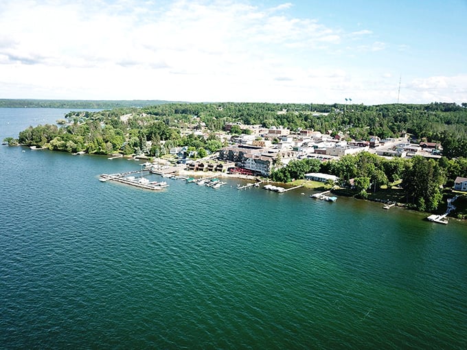 From this bird's-eye view, Walker looks like nature's perfect sandwich &ndash; a slice of charming town nestled between verdant forests and Leech Lake's sparkling waters.