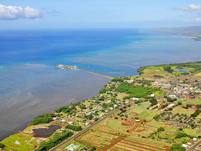 From above, Kaunakakai reveals its perfect balance of small-town charm and breathtaking natural surroundings.