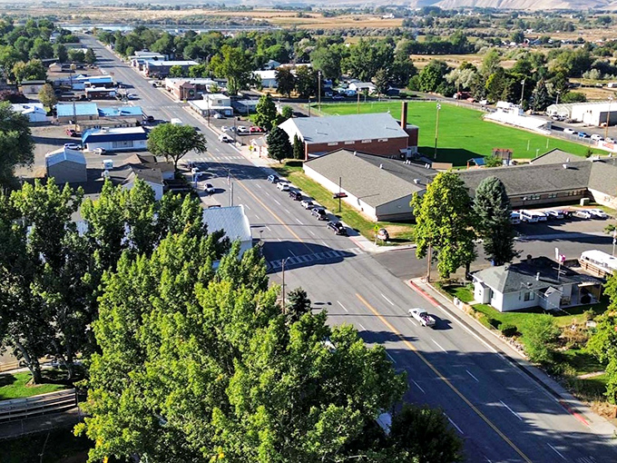 An aerial view of Hagerman's main street, where small-town charm meets rural Idaho living at a pace that invites lingering.