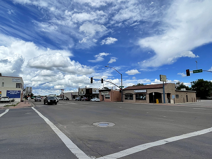 Springerville's main intersection showcases those impossibly blue Arizona skies that make you wonder if someone cranked up the saturation on reality.