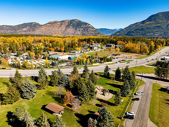 Downtown Columbia Falls stretches toward mountain majesty, where small-town charm meets big sky country views.