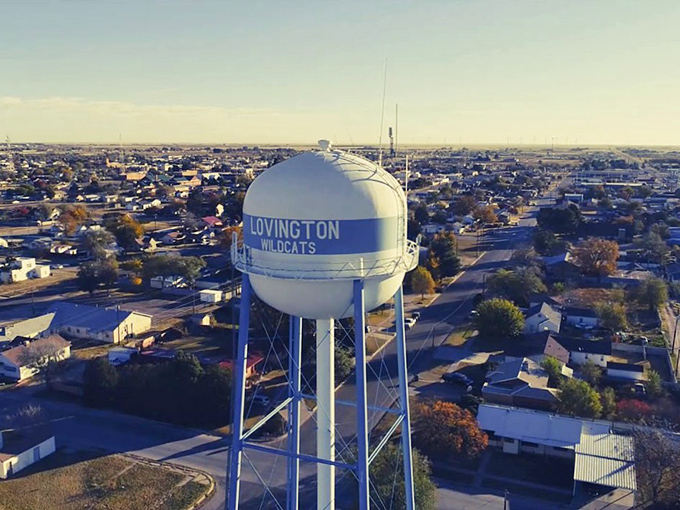 The iconic Lovington water tower stands sentinel over the town, proudly declaring its Wildcat spirit to the vast New Mexico sky.