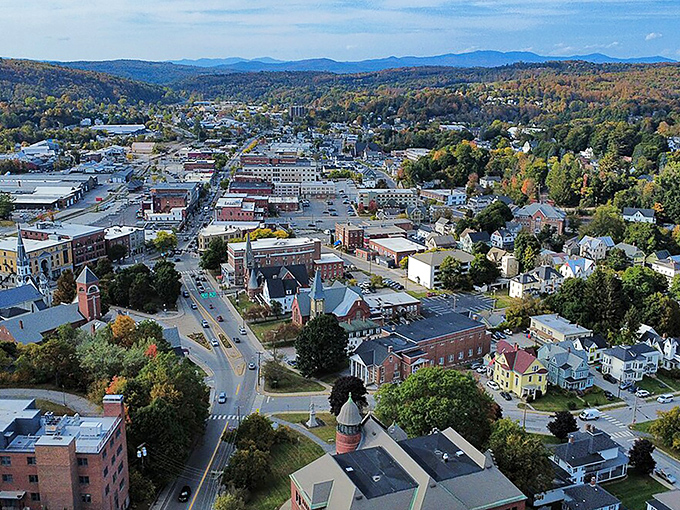 From this bird's-eye view, Barre unfolds like a miniature movie set nestled perfectly between Vermont's protective mountains.
