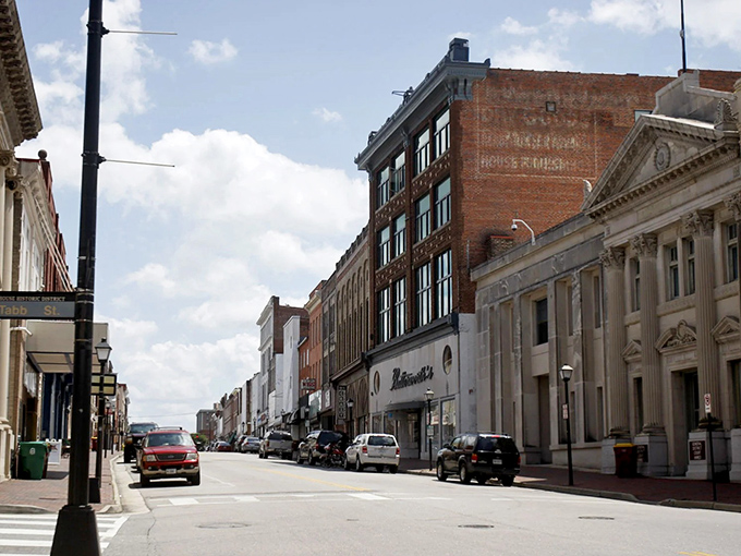 Downtown Petersburg showcases a stunning array of preserved 19th-century commercial buildings, their brick facades telling stories of the city's prosperous trading days.