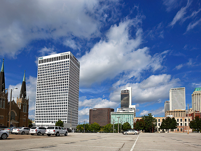 Tulsa's downtown skyline shines under Oklahoma's impossibly blue skies, where Art Deco masterpieces stand proudly next to modern glass towers.