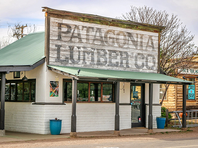 The weathered Patagonia Lumber Co. sign stands as a testament to the town's mining and ranching heritage, preserved through generations.