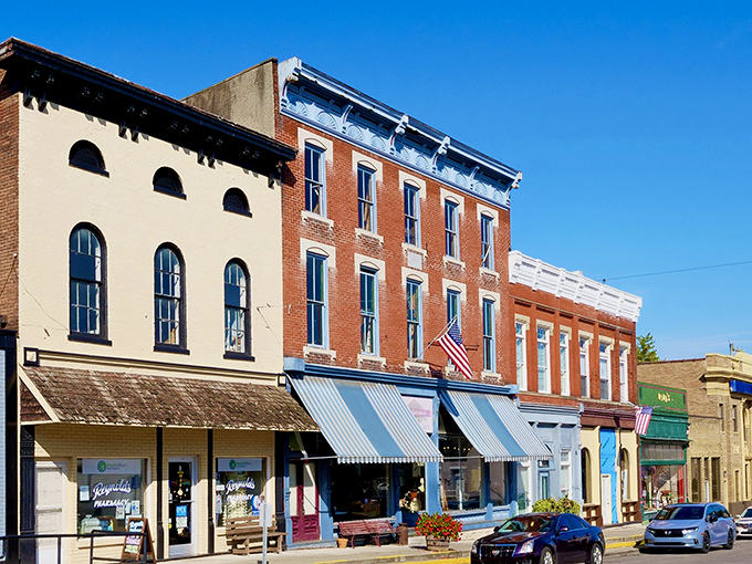 Beautifully preserved storefronts line Augusta's main street, where local businesses thrive in buildings that have stood for generations.