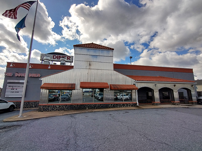Another angle reveals the diner's distinctive silhouette&mdash;where pancake dreams and coffee refills await hungry travelers.